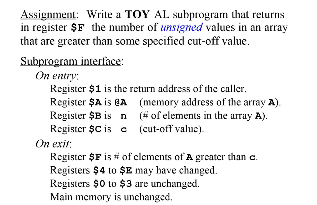 Solved Assignment: Write a TOY AL subprogram that returns in | Chegg.com