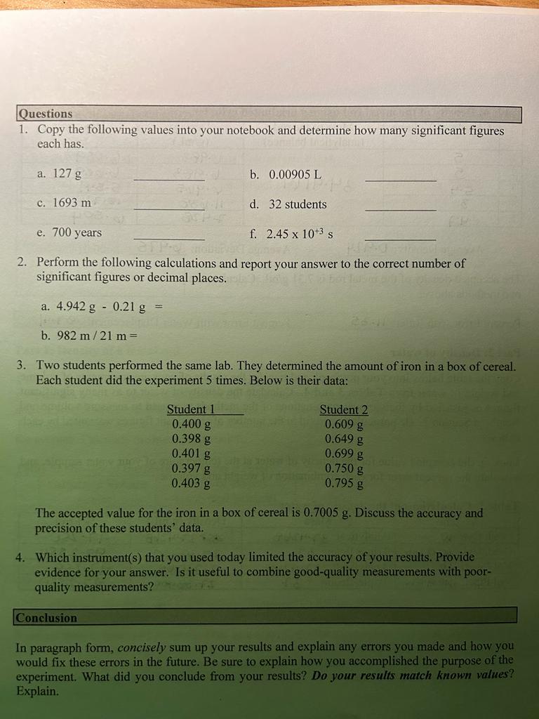 Solved 1. Copy the following values into your notebook and | Chegg.com