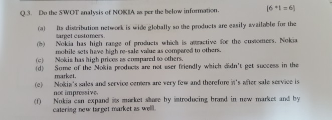 Solved [6 *1 6] Do the SWOT analysis of NOKIA as per the | Chegg.com
