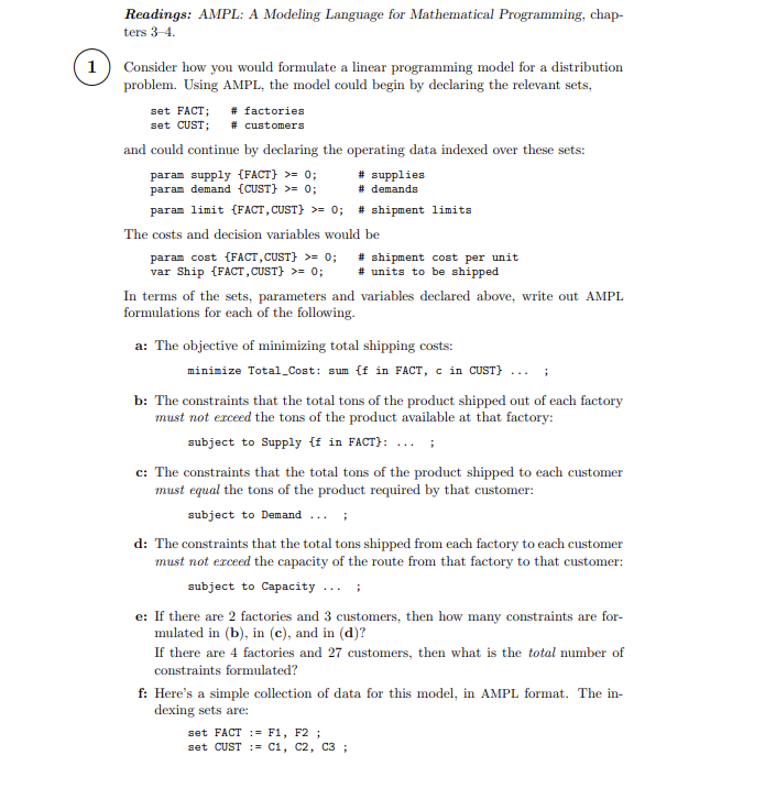 Readings: AMPL: A Modeling Language for Mathematical | Chegg.com
