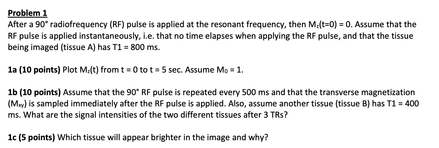 Problem 1 After a 90° radiofrequency (RF) pulse is | Chegg.com