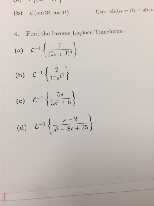 Solved (b) C(sin 3t cos 9t) Use: sin(a ± β) = sino 4. Find | Chegg.com
