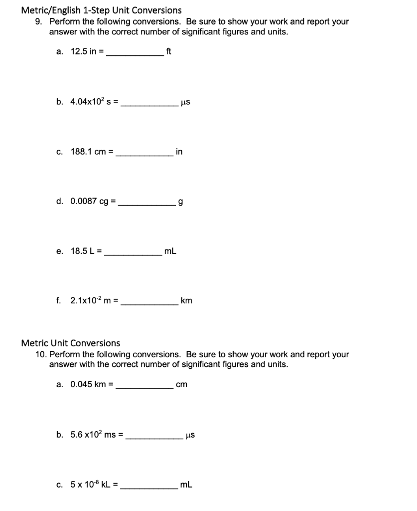 Solved Metric/English 1-Step Unit Conversions 9. Perform the | Chegg.com