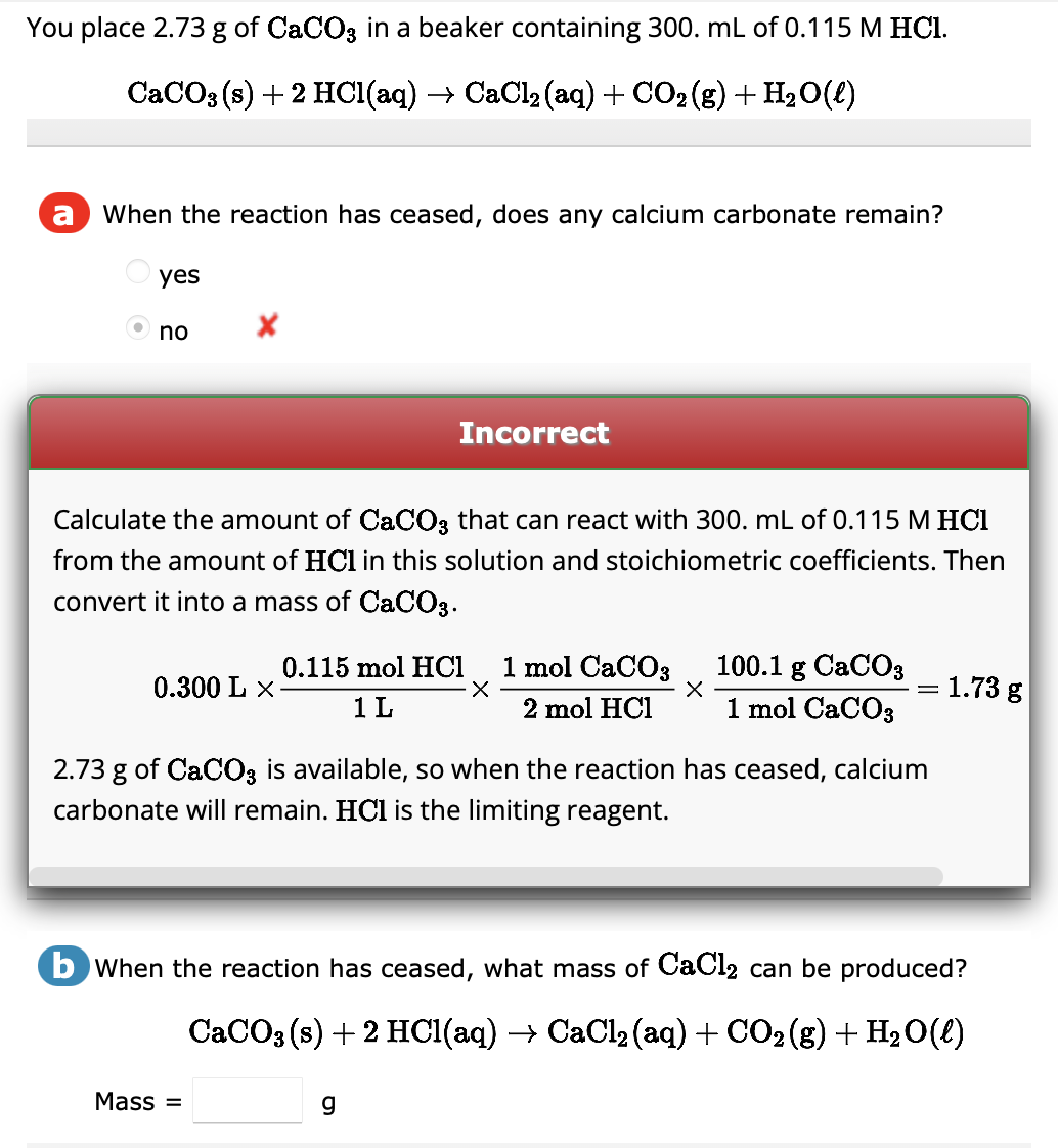 Solved You place 2.73 ﻿g of CaCO3 ﻿in a beaker containing | Chegg.com