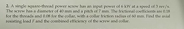 Solved 2. A single square-thread power screw has an input | Chegg.com