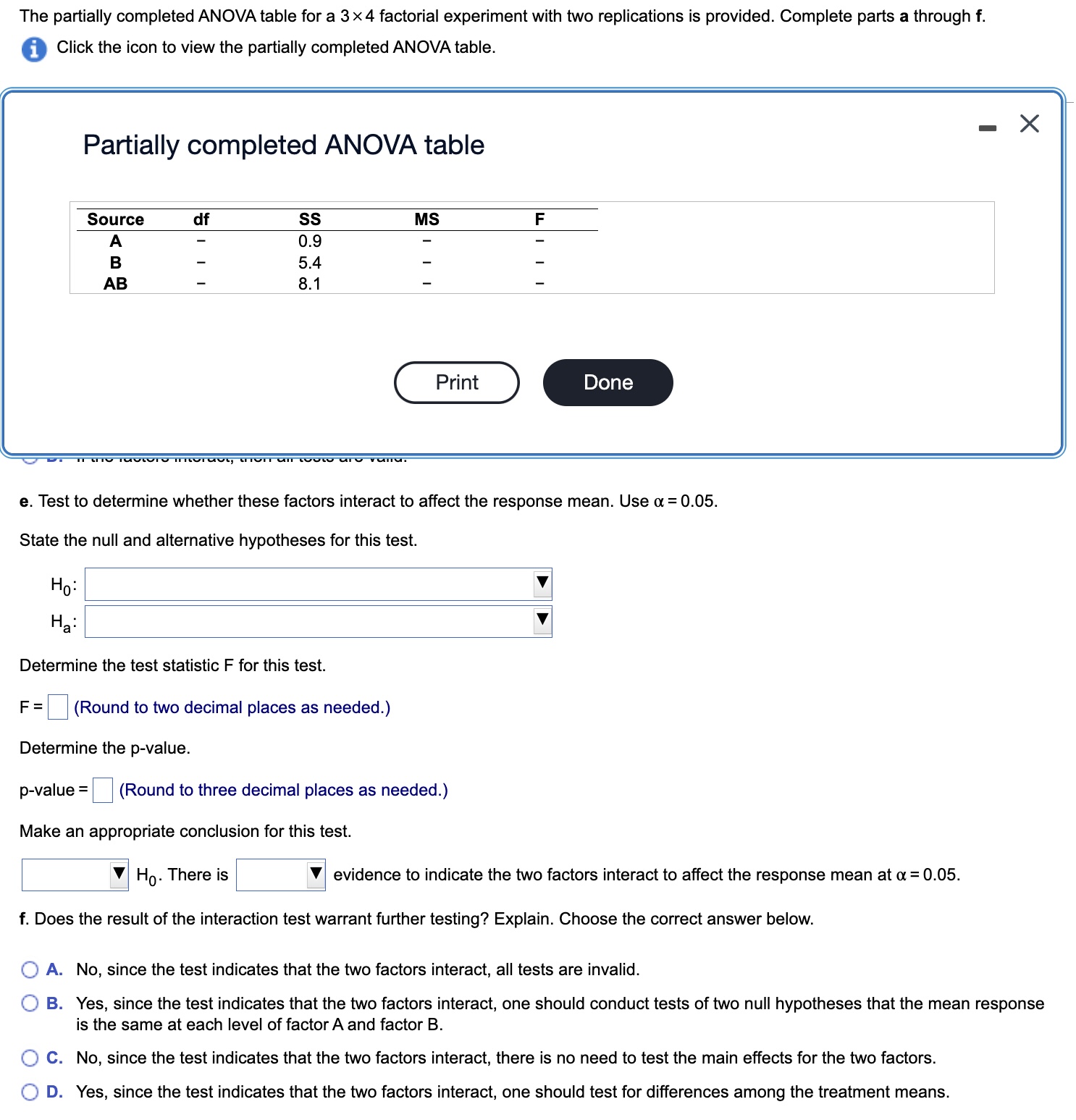 Solved The partially completed ANOVA table for a 3×4 | Chegg.com