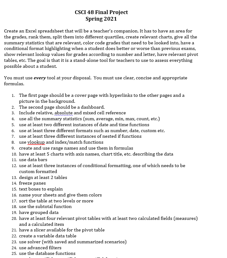 CSCI 48 Final Project Spring 2021 Create an Excel | Chegg.com