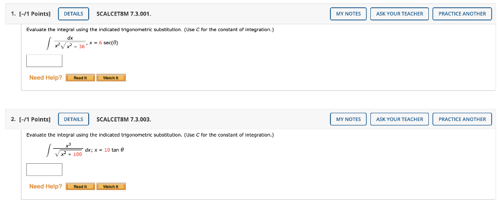 Solved 1. (-/1 Points] DETAILS SCALCET8M 7.3.001. MY NOTES | Chegg.com