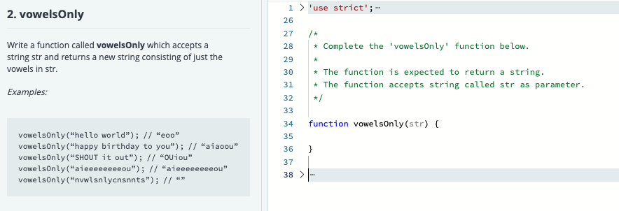 Solved 1 > 'use strict'; --- 2. vowelsOnly 26 27 /* * | Chegg.com