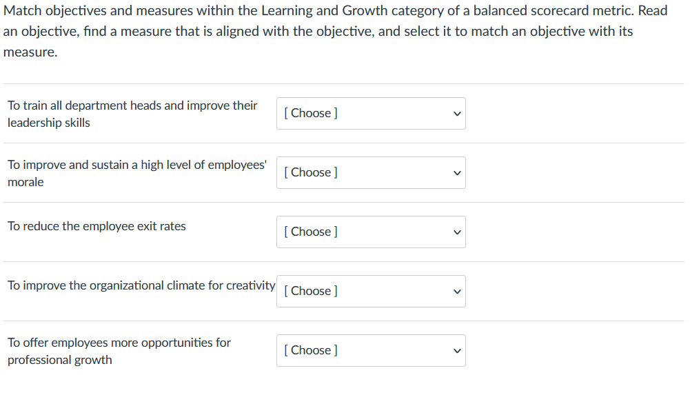 Solved Match objectives and measures within the Learning and | Chegg.com