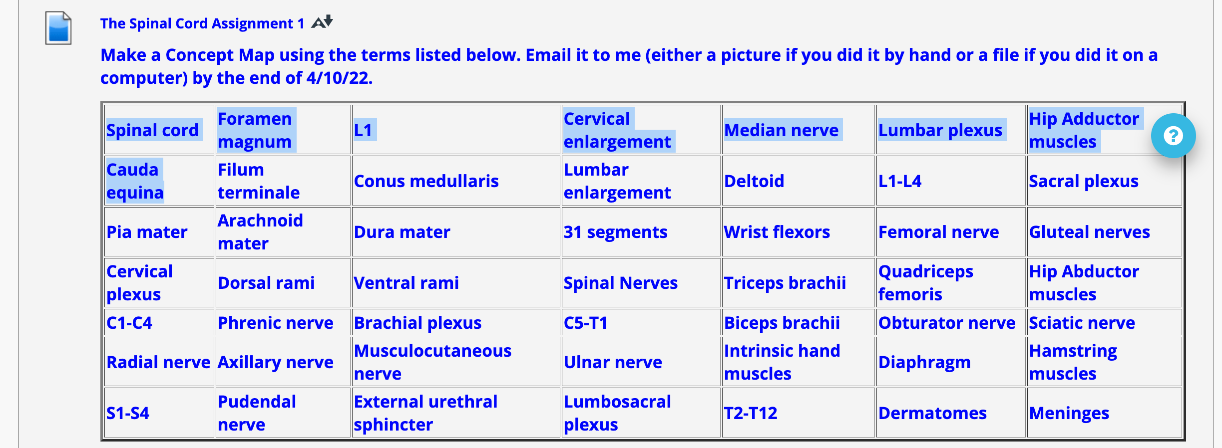 The Spinal Cord Assignment 1 A Make a Concept Map | Chegg.com