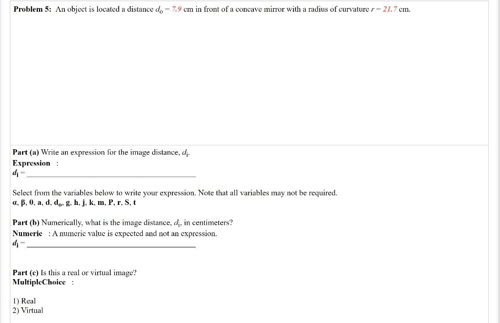 Solved Problem 5: An object is located a distance d0=7.9 cm | Chegg.com
