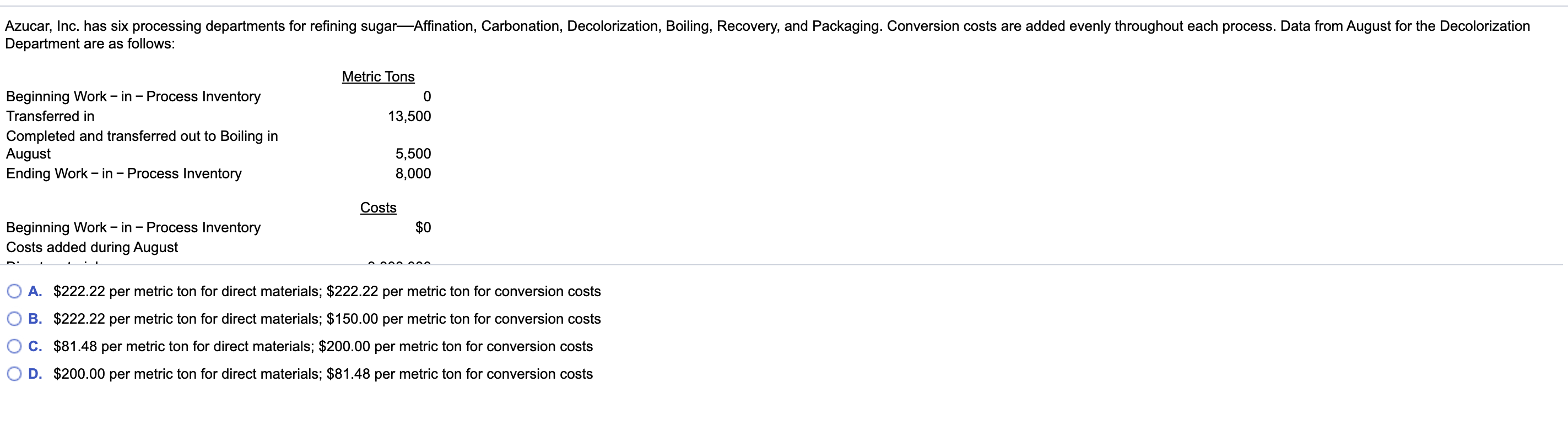 Solved Azucar, Inc. has six processing departments for | Chegg.com