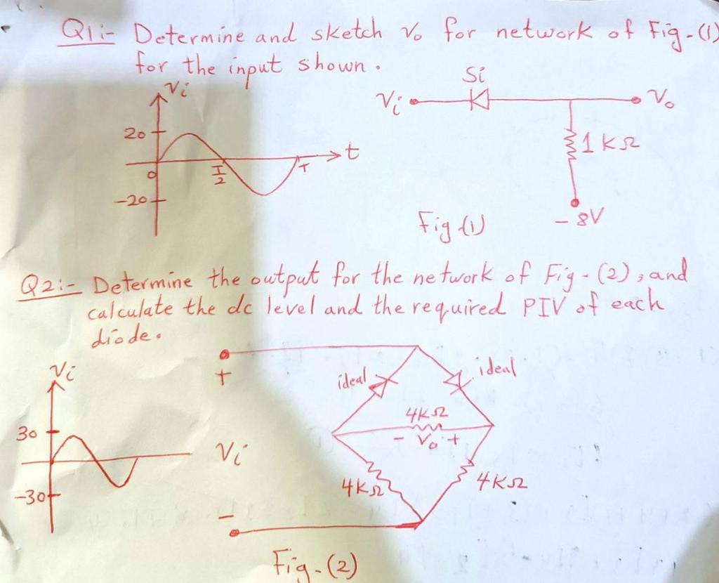 Solved Qli- Determine and sketch vo for network of Fig. (1) | Chegg.com