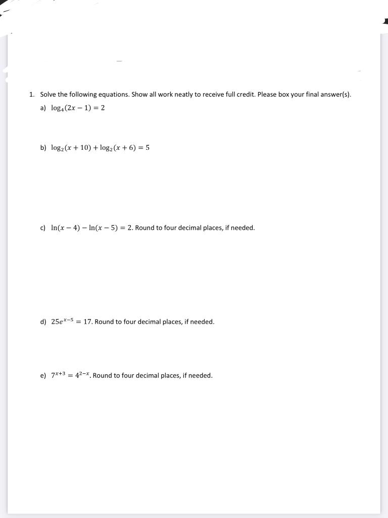 Solved 1. Solve the following equations. Show all work | Chegg.com