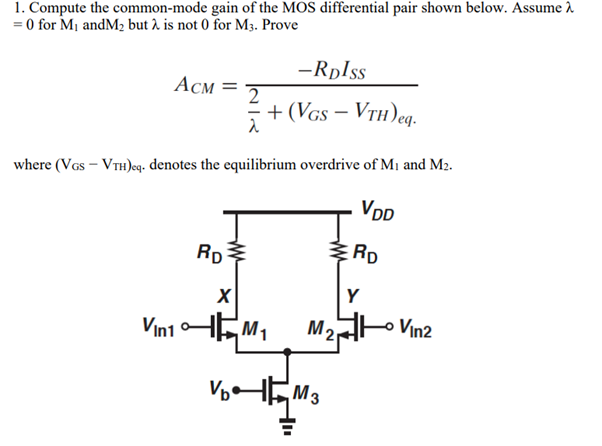 Solved 1. Compute the common-mode gain of the MOS | Chegg.com