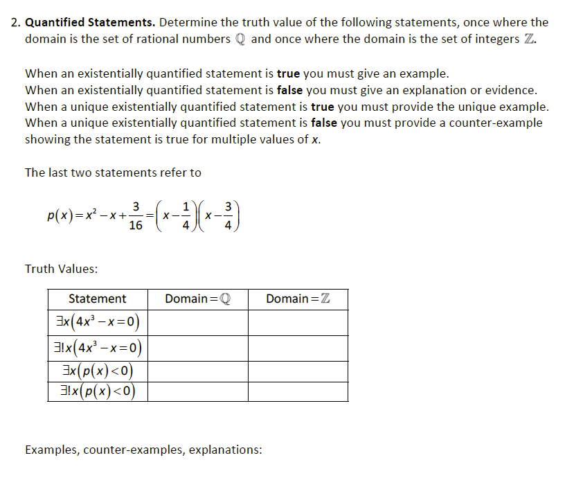 Solved 2. Quantified Statements. Determine the truth value | Chegg.com