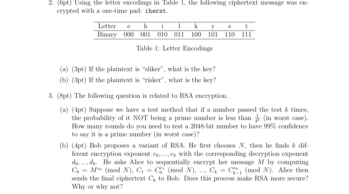 Solved 2. (6pt) Using the letter encodings in Table 1 , the | Chegg.com