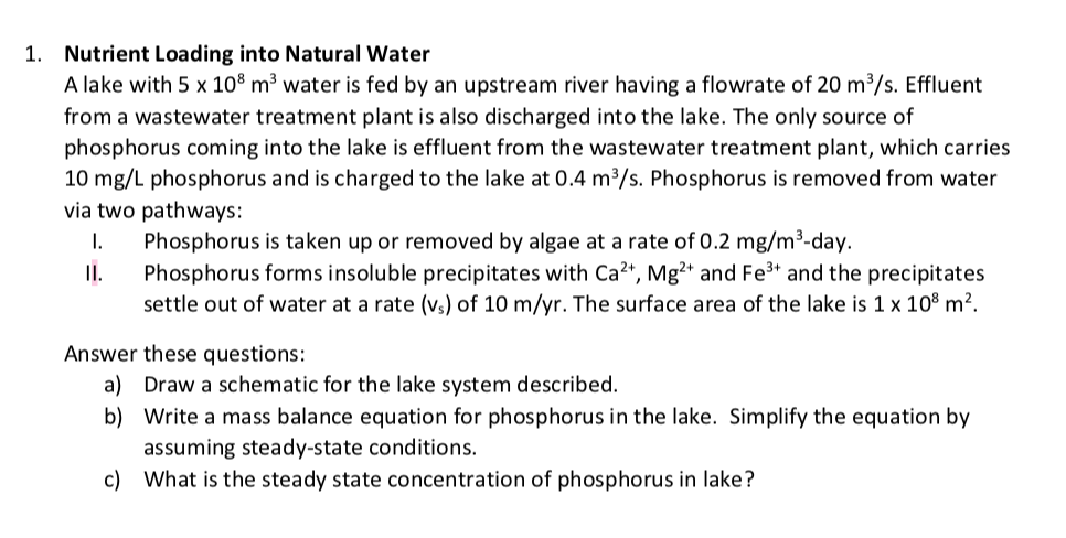 Solved 1. Nutrient Loading into Natural Water A lake with 5 | Chegg.com