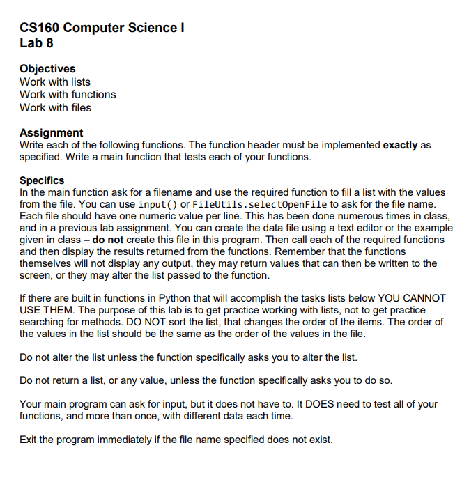 Solved CS160 Computer Science I Lab 8 Objectives Work with | Chegg.com