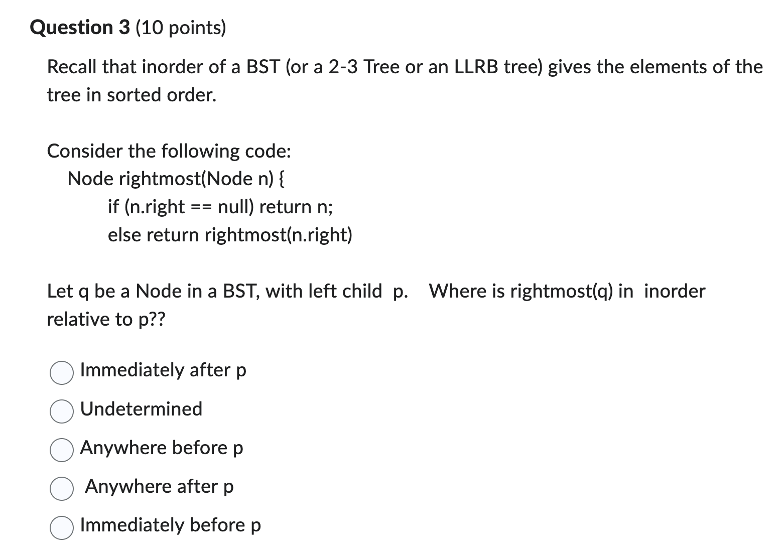 Solved Question 3 (10 ﻿points)Recall that inorder of a BST | Chegg.com