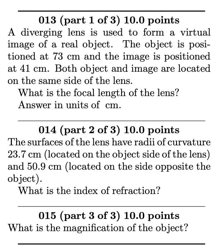 Solved 013 Part 1 Of 3 10 0 Points A Diverging Lens Is