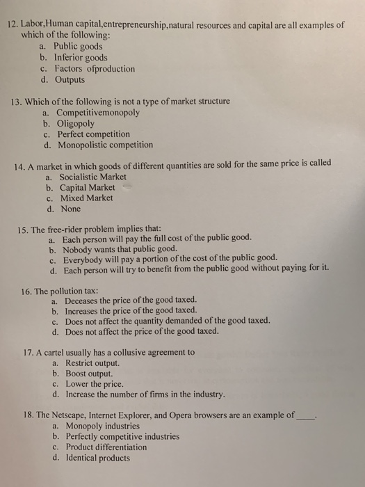 Solved 12. Labor,Human capital,entrepreneurship,natural | Chegg.com