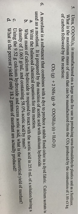 Solved 5. Urea, CO(NH2)2, is manufactured on a large scale | Chegg.com