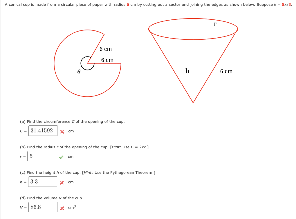 Solved A conical cup is made from a circular piece of paper | Chegg.com
