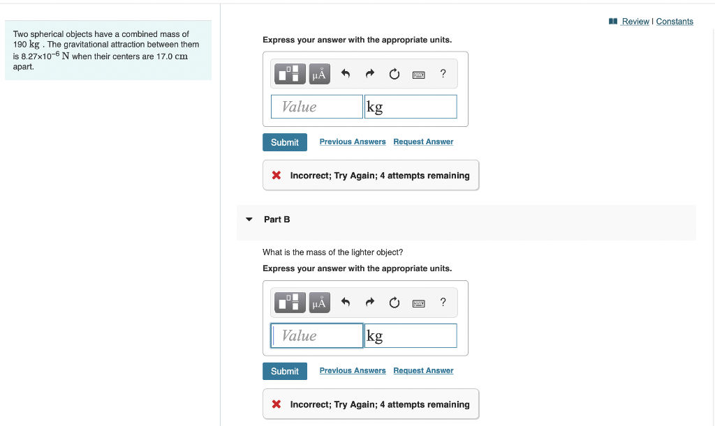 Solved Review Constants Two spherical objects have a | Chegg.com