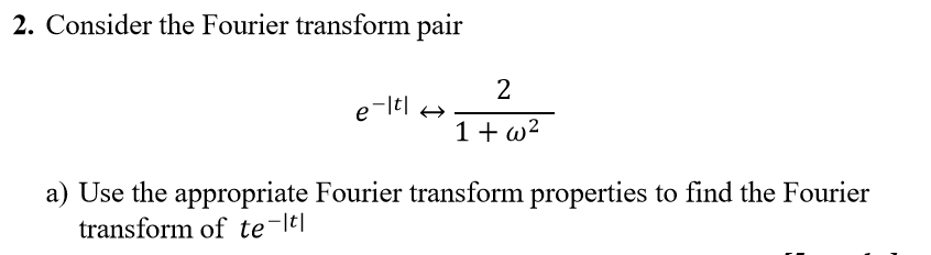 Solved 2. Consider the Fourier transform pair e-1t| 2 1 + w2 | Chegg.com
