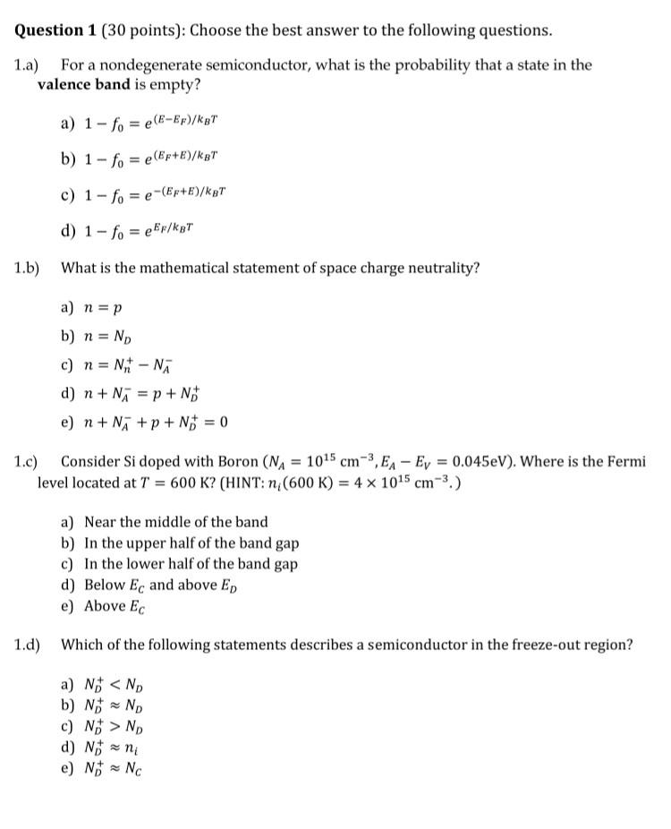 Solved Question 1 (30 points): Choose the best answer to the | Chegg.com