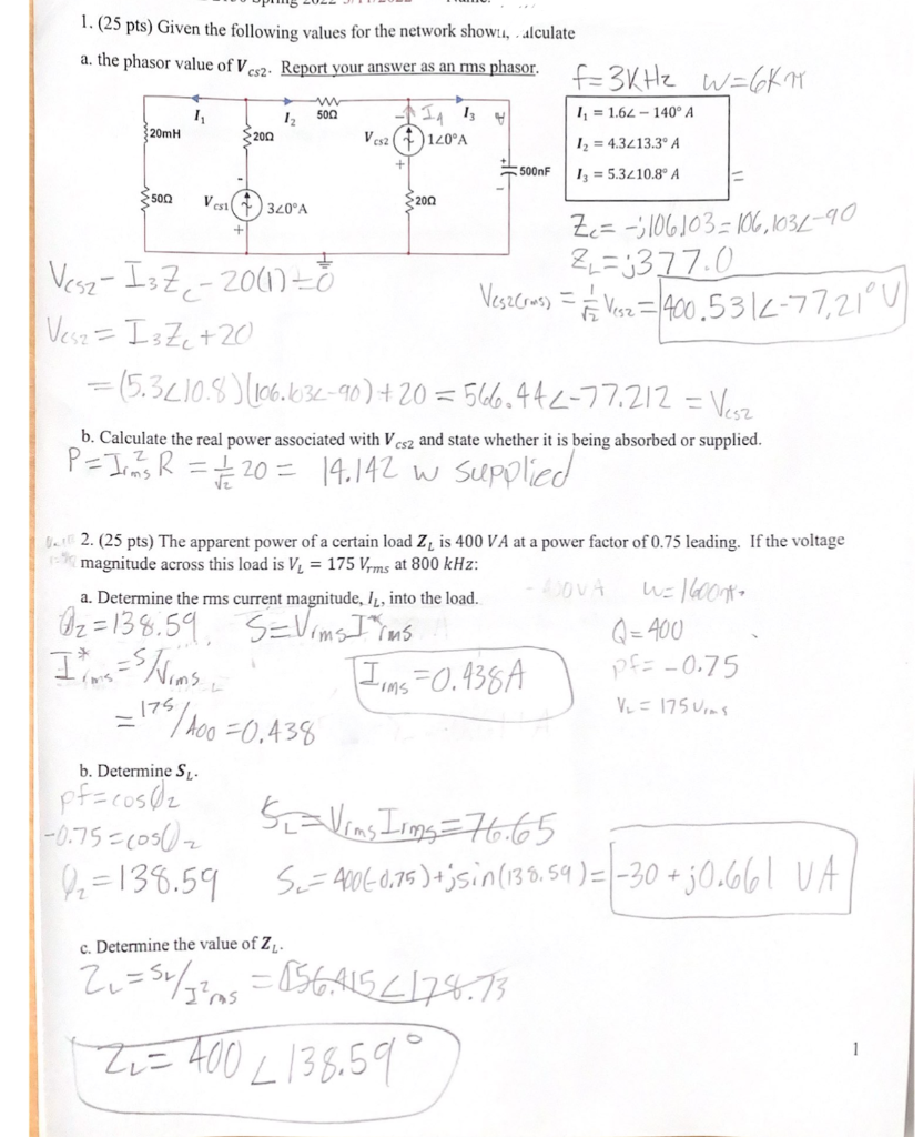Solved 1. (25 pts) Given the following values for the | Chegg.com