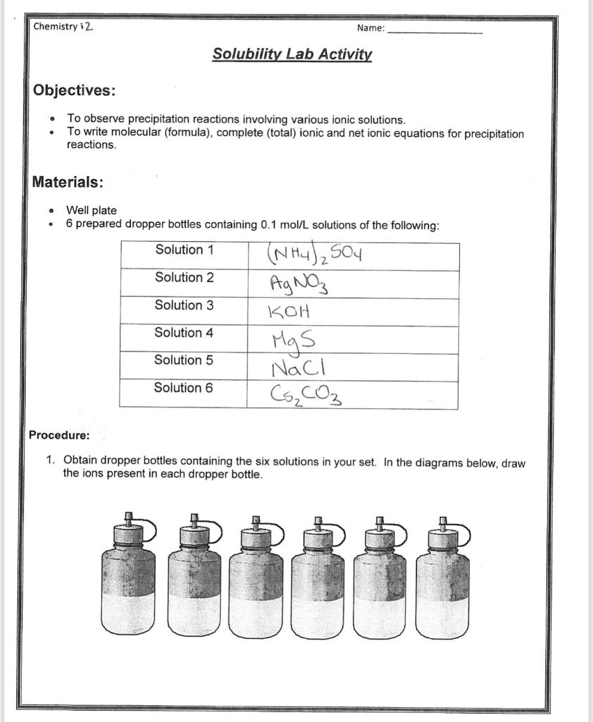 Solved Chemistry 12 Name: Solubility Lab Activity | Chegg.com