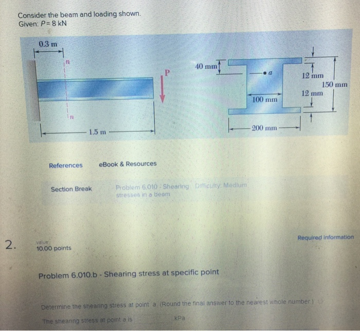 Solved Consider the beam and loading shown. Given: P 8 kN | Chegg.com