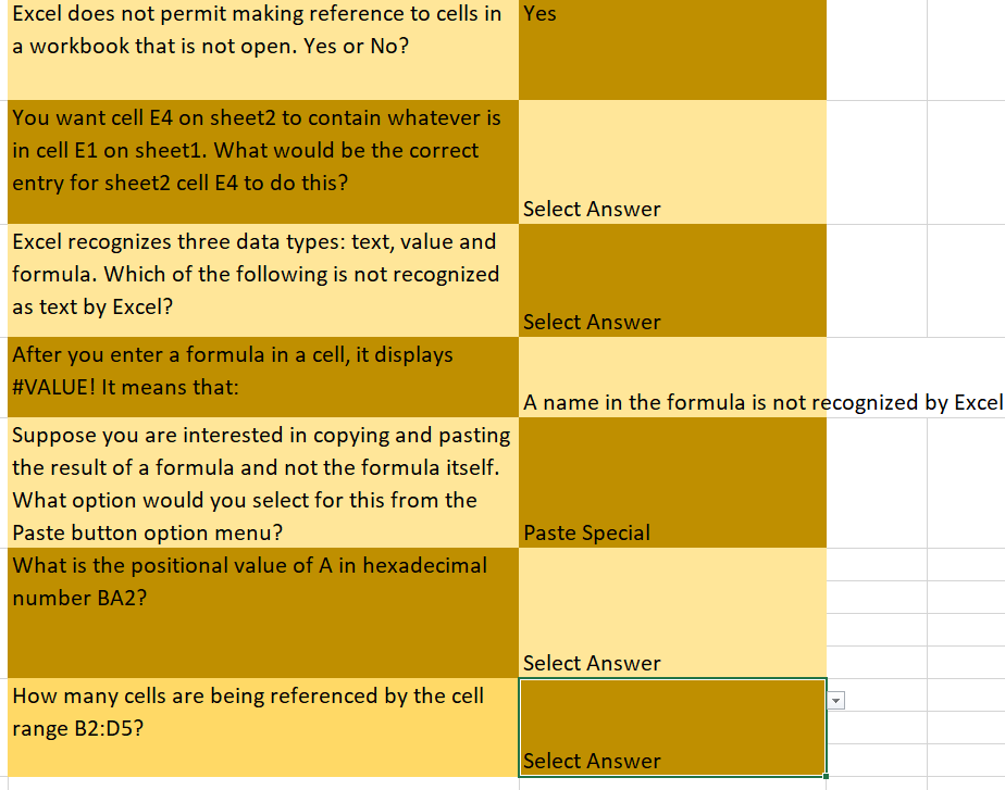 Solved Excel Does Not Permit Making Reference To Cells In Chegg