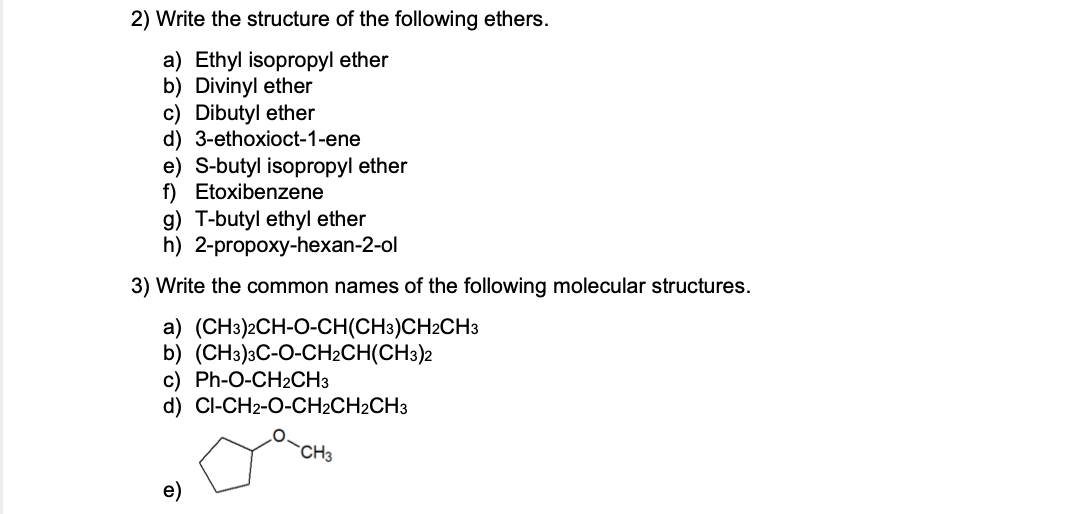 Solved Write the structures of the following ethers and | Chegg.com