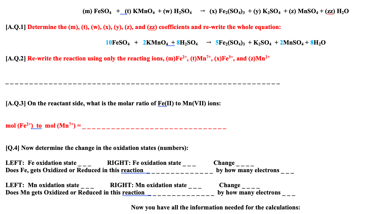 Solved (m) FeSO4 +_(t) KMnO4 + (w) H2SO4 (x) Fe2(SO4)3 + (y) | Chegg.com