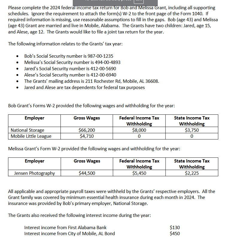 Solved Please complete the 2024 ﻿federal income tax return | Chegg.com