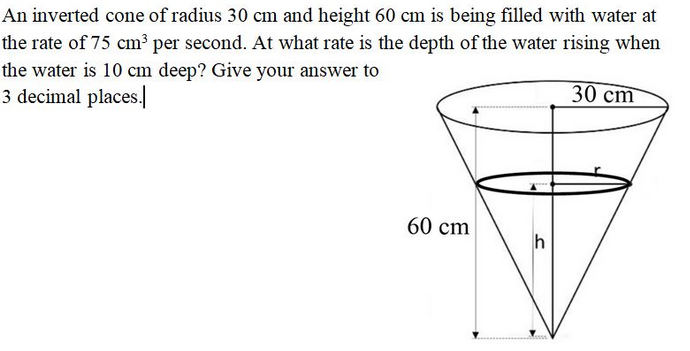 Solved An inverted cone of radius 30 cm and height 60 cm is | Chegg.com