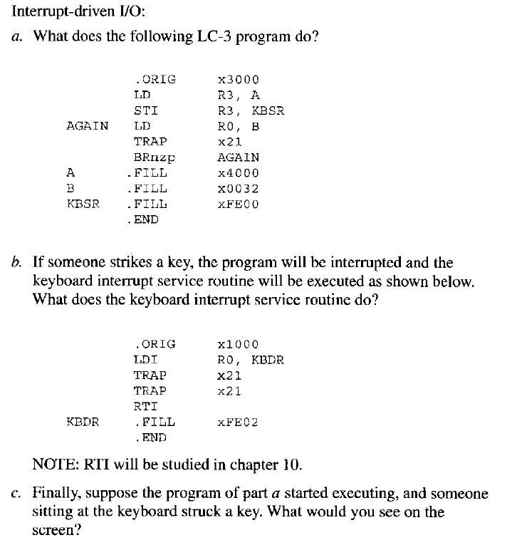 Solved 8.15 Interrupt-driven I/O: a. What does the following | Chegg.com