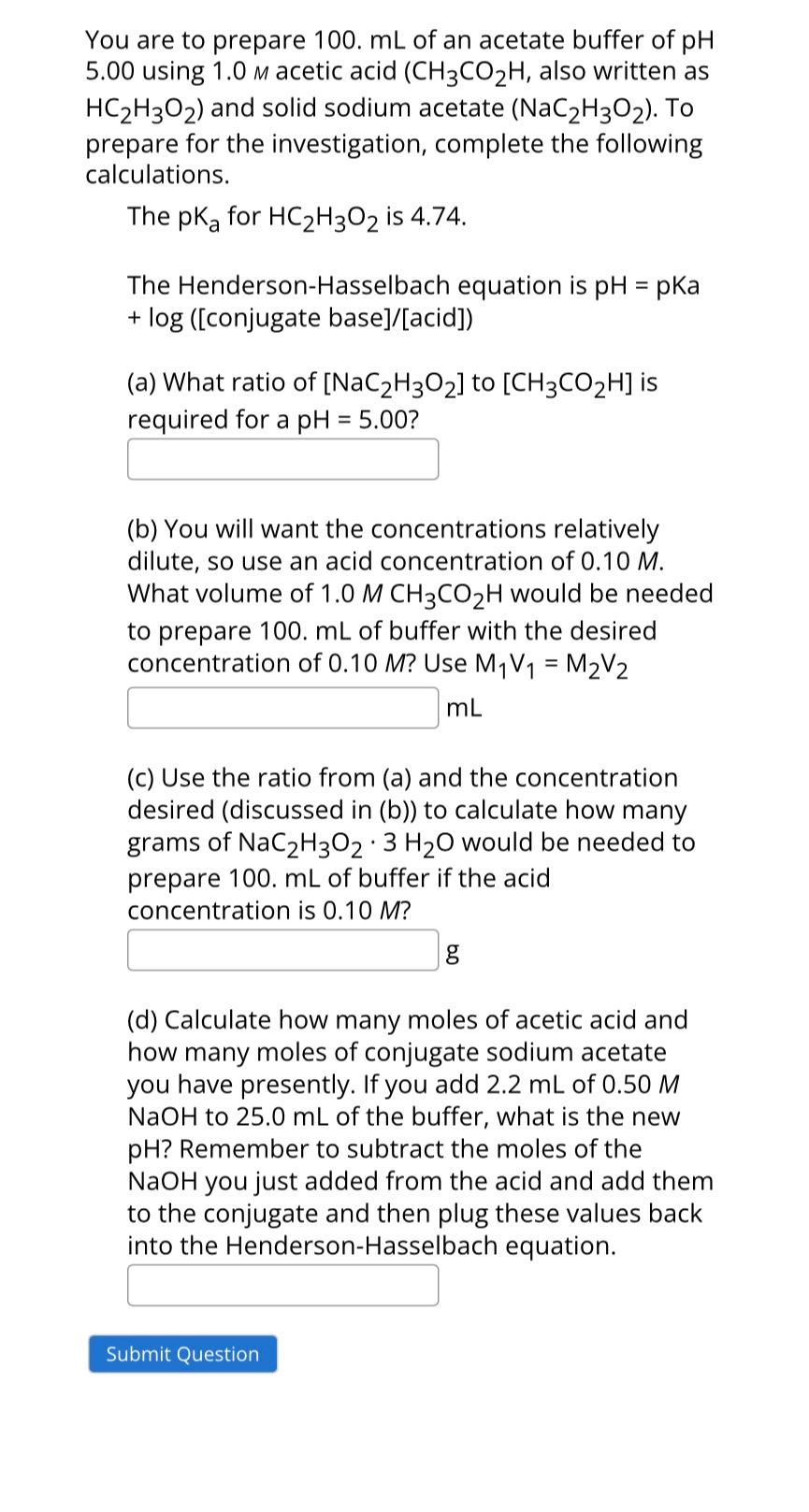 Solved You are to prepare 100. mL of an acetate buffer of pH | Chegg.com