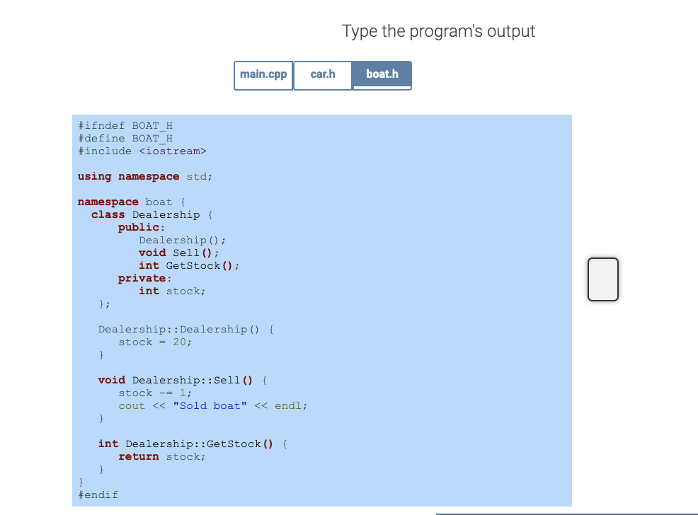 Solved Type the program's output main.cpp car.h boat.h | Chegg.com