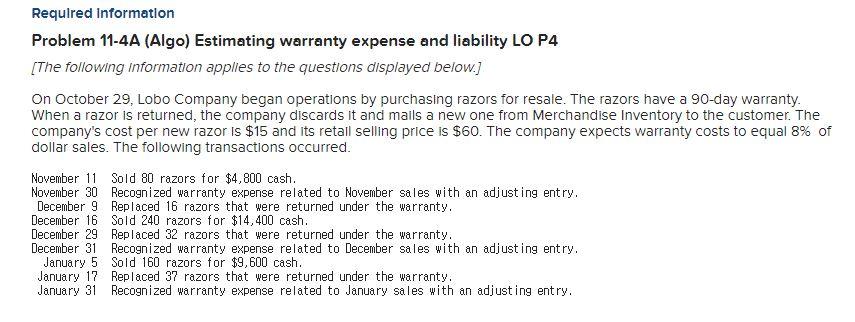 Solved Required Information Problem 11-4A (Algo) Estimating | Chegg.com