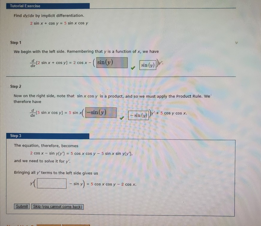 Solved Tutorial Exercise Find dy/dx by implicit | Chegg.com