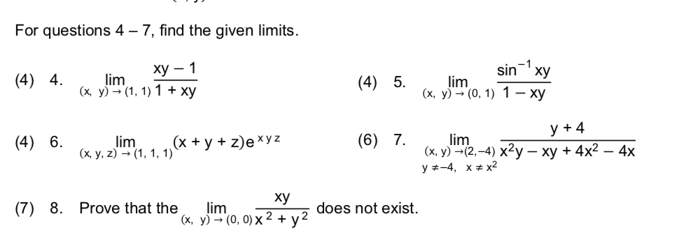 Solved For questions 4 – 7, find the given limits. Xy - 1 | Chegg.com