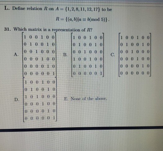Solved L. Define relation R on A = {1,2,8, 11, 12, 17) to be | Chegg.com