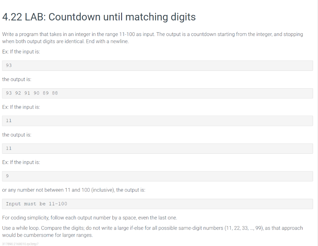 Solved 4.22 LAB: Countdown until matching digits Write a | Chegg.com