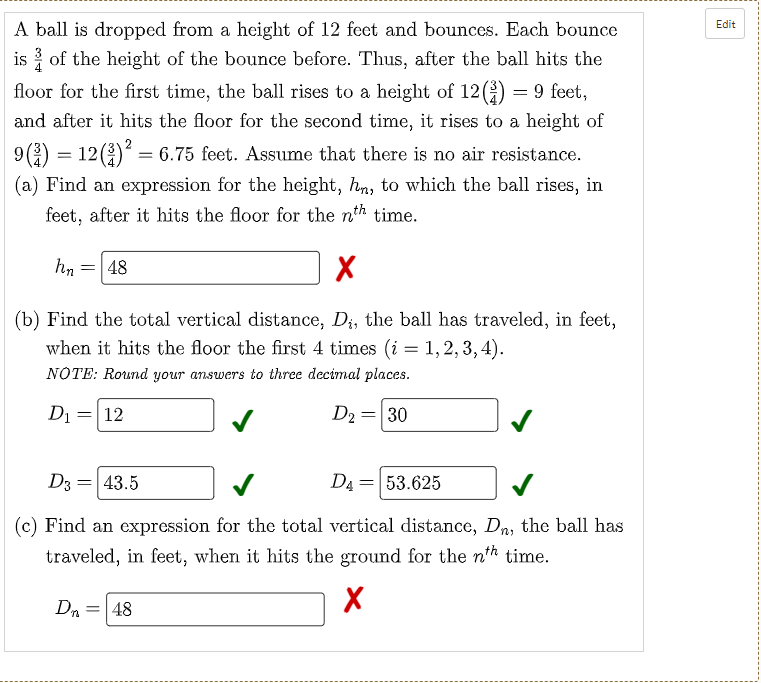 Solved A ball is dropped from a height of 12 feet and | Chegg.com