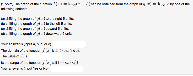 Solved (1 point) The graph of the function f(x)log3(a-5) can | Chegg.com